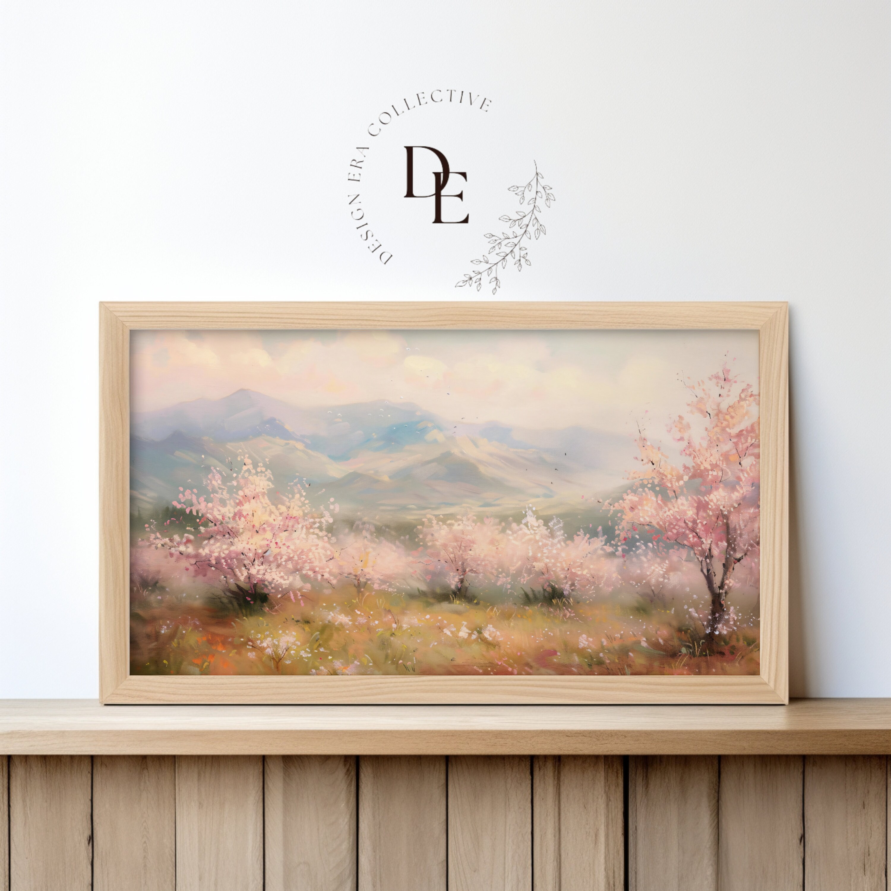 Mountain Pink Trees Art, Cherry Blossoms Spring Digital Prink, Easter ...
