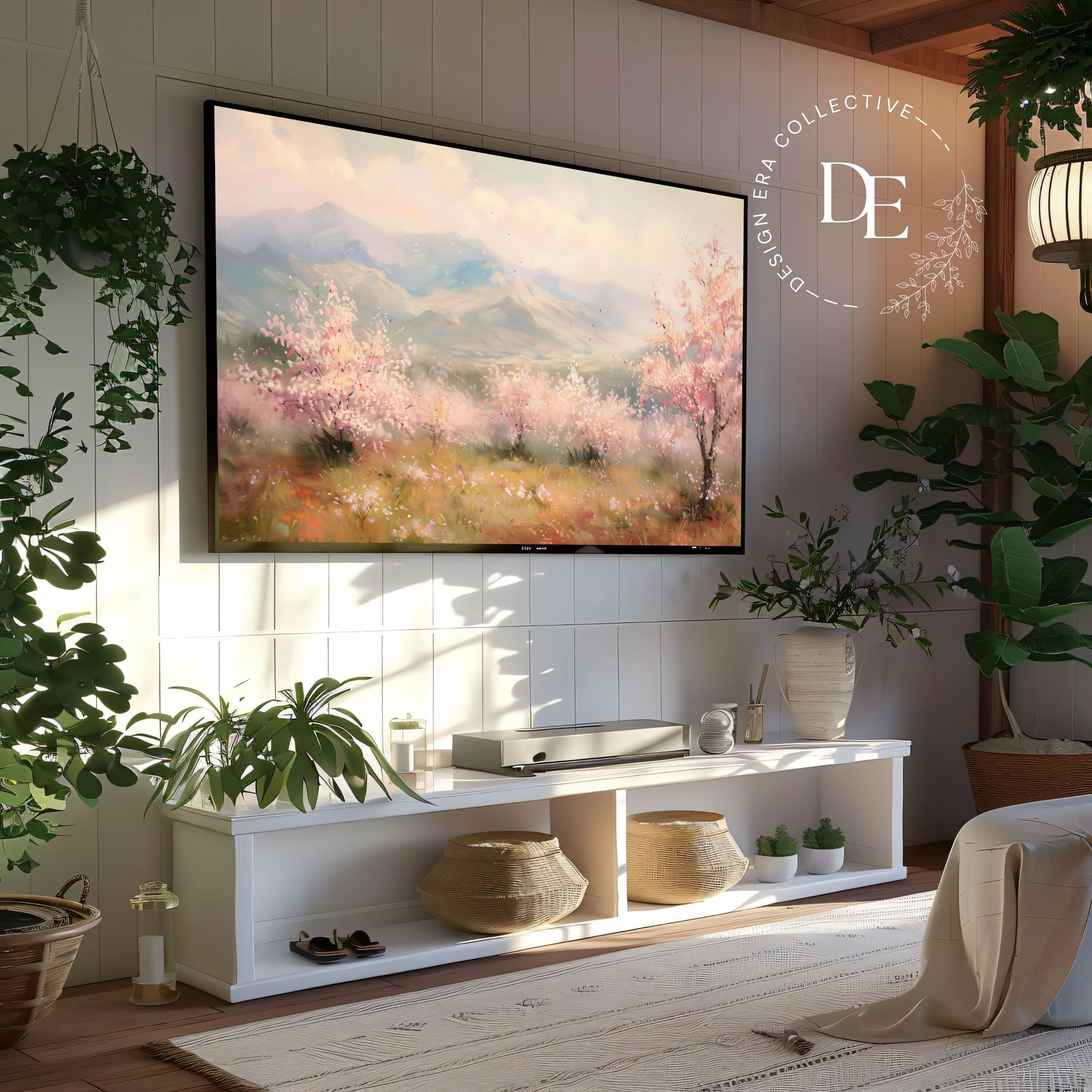 Mountain Pink Trees Art, Cherry Blossoms Spring Digital Prink, Easter ...