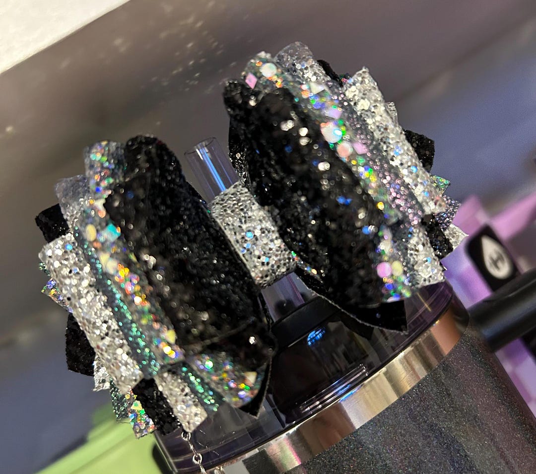 Stanley Tumbler Bow Glitter Straw Topper Black Silver Chroma Chrome ...
