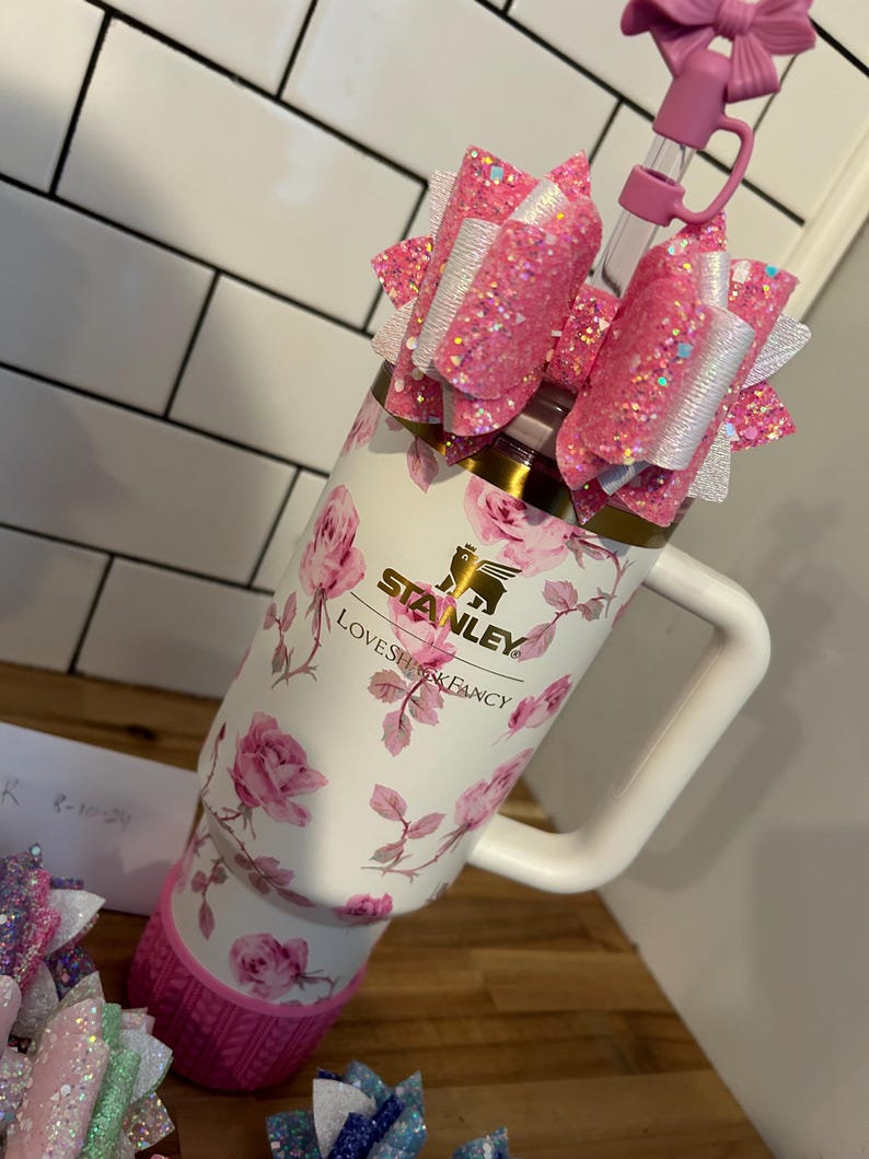 Stanley Tumbler Bow Iridescent Pink Light Pink Glitter Straw Topper ...