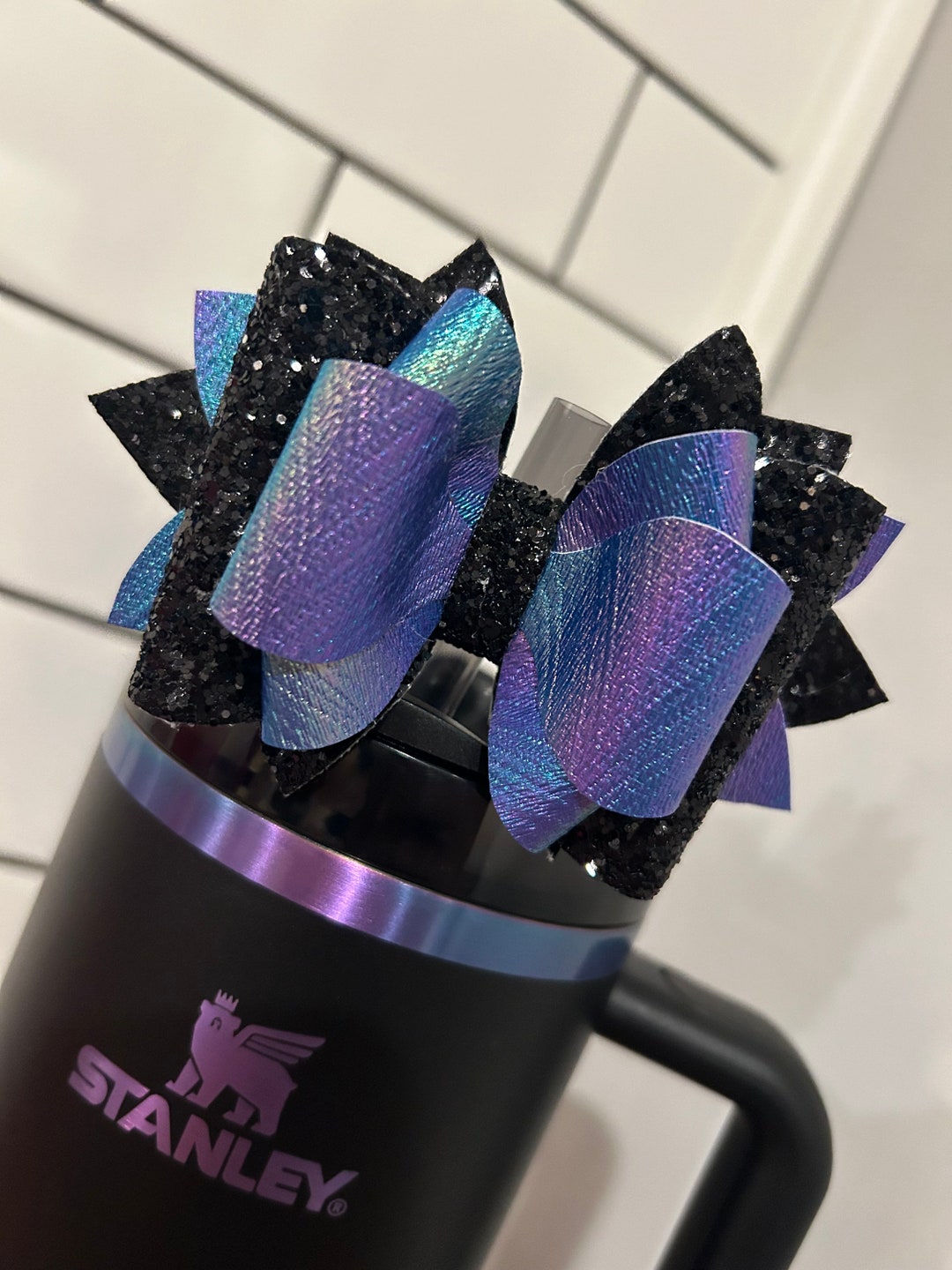 Stanley Tumbler Bow Glitter Straw Topper Black Silver Chroma Chrome ...