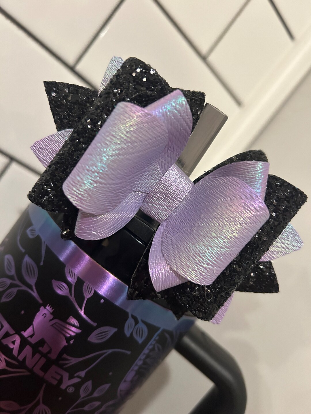 Stanley Tumbler Bow Glitter Straw Topper Black Silver Chroma Chrome ...
