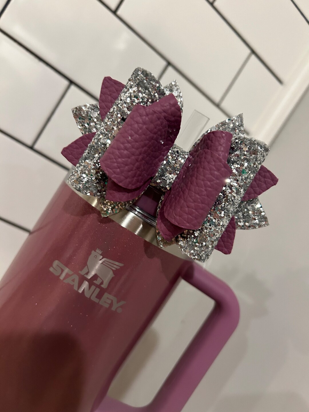 Glitter Tumbler Bow for Stanley, Straw Topper, Mauve Shimmer Primrose ...
