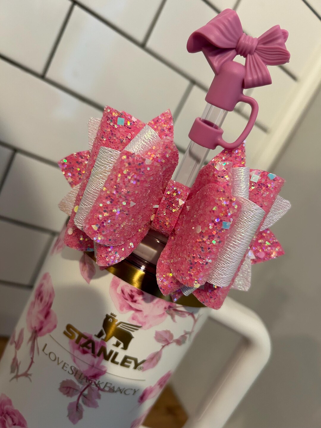 Stanley Tumbler Bow Iridescent Pink Light Pink Glitter Straw Topper ...
