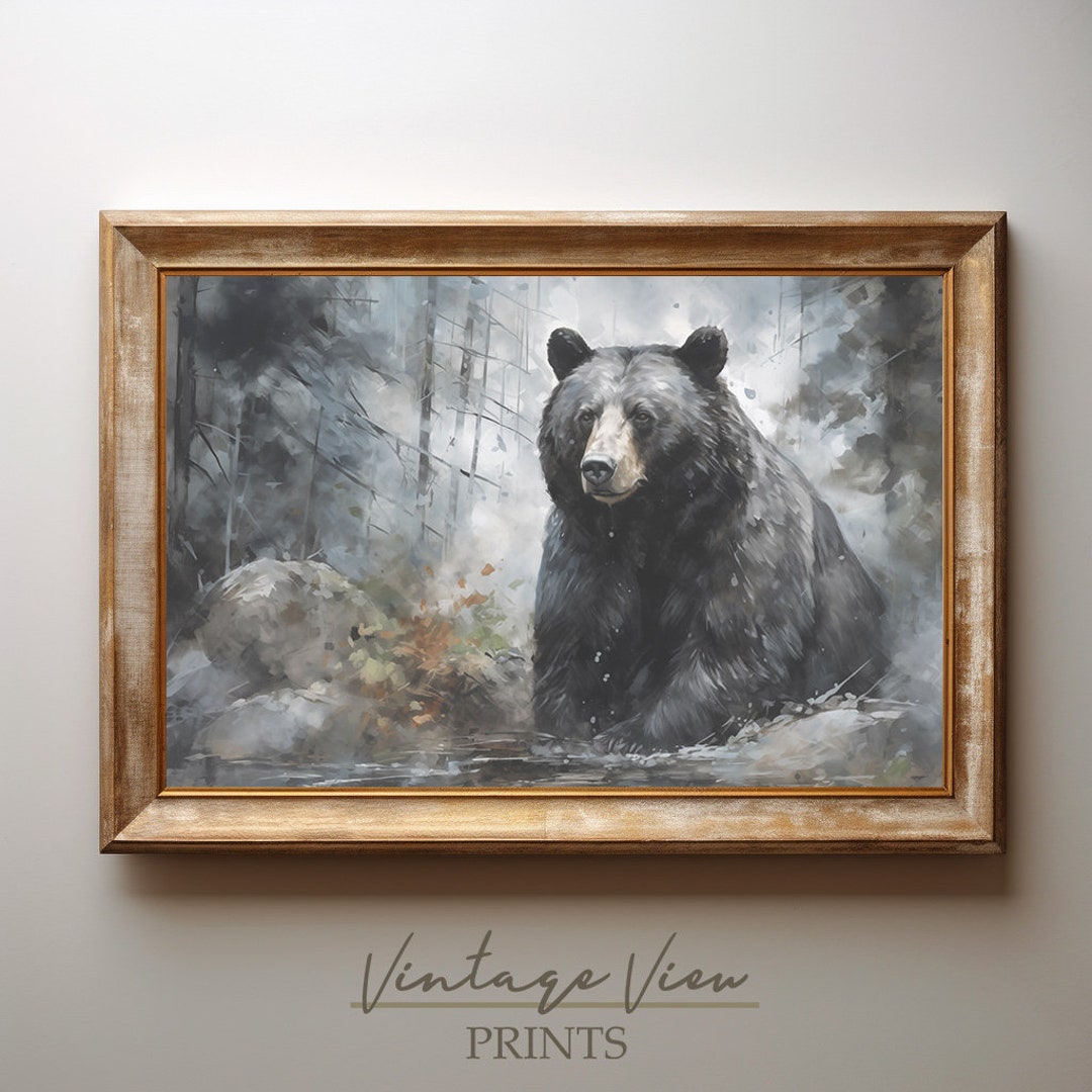 Rustic Black Bear Digital Oil Painting Woodland Creature Wall Art Cozy ...