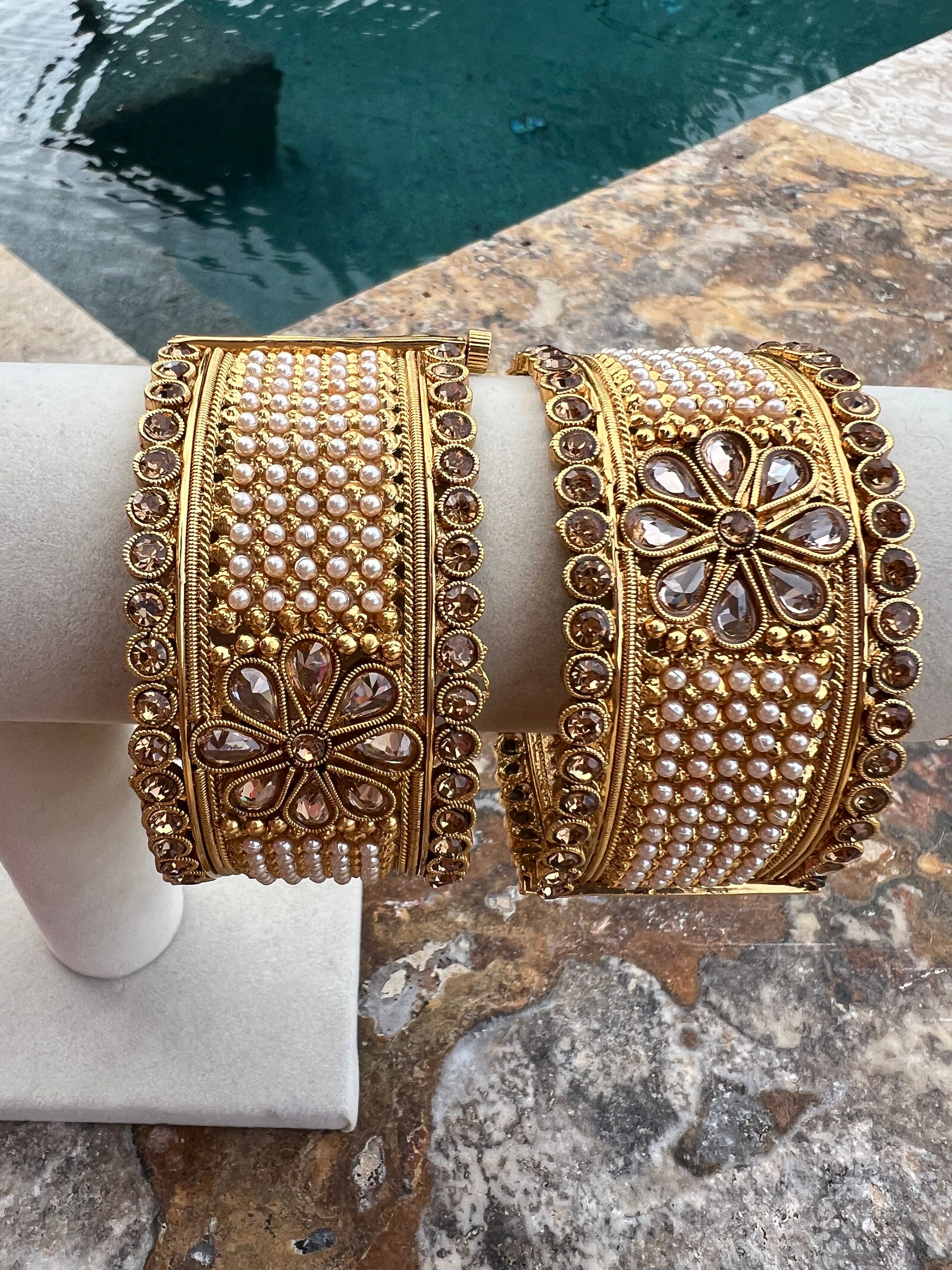 Exquisite 925 Silver Bangles (kaada) With Pearl,polki and Uncut Kundan ...