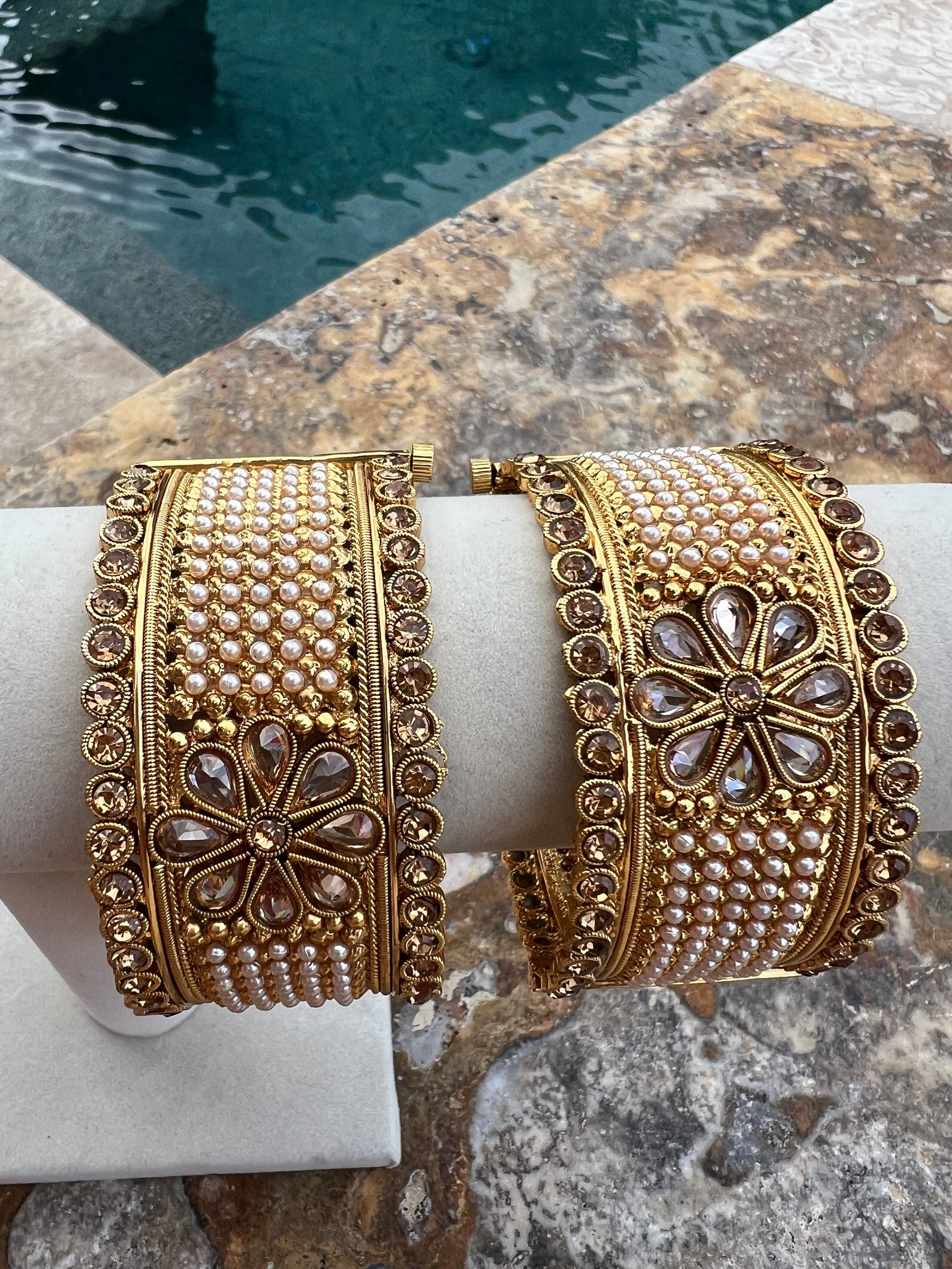 Exquisite 925 Silver Bangles (kaada) With Pearl,polki and Uncut Kundan ...