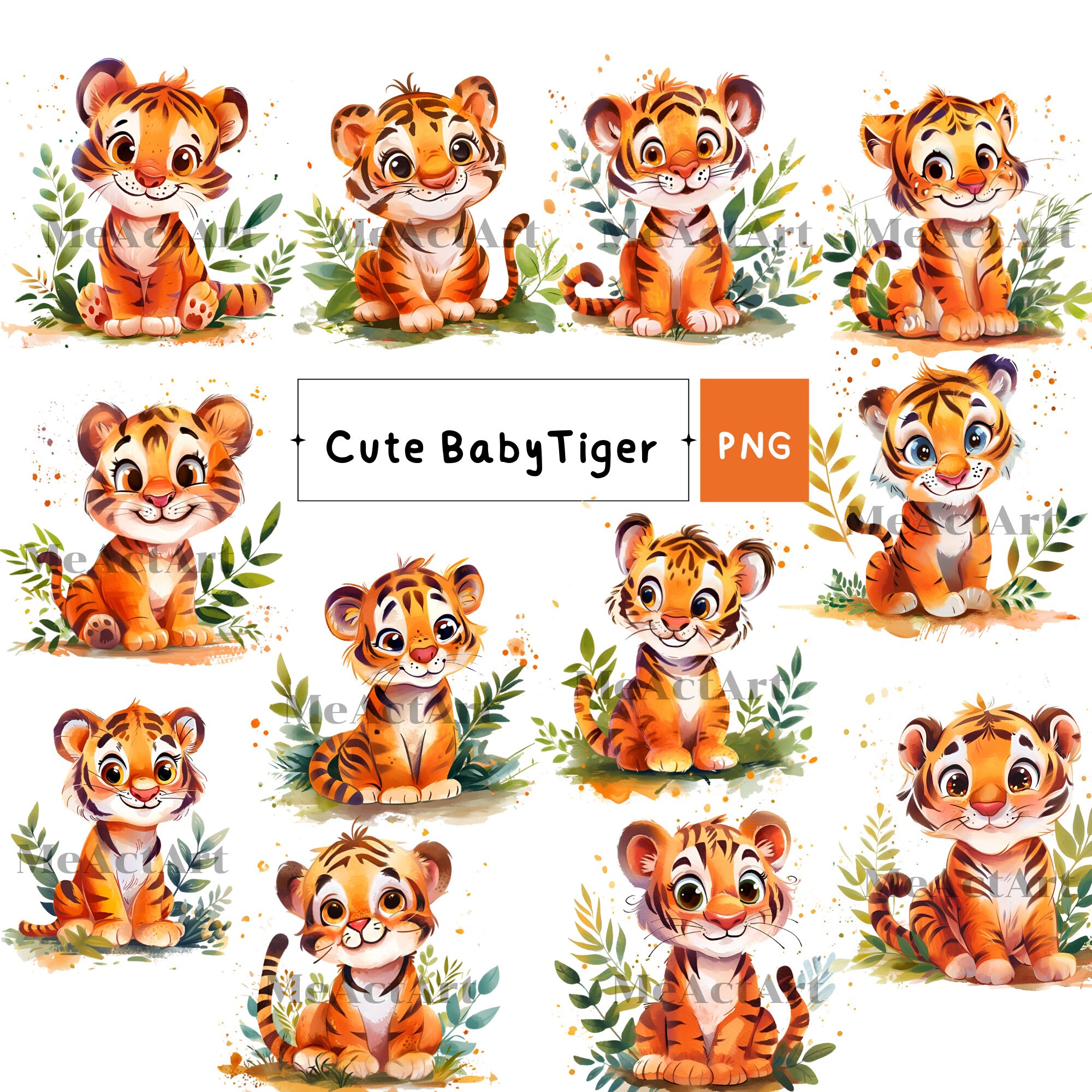 Cute Baby Tiger Watercolor Set Clipart, Tiger Watercolor PNG ...