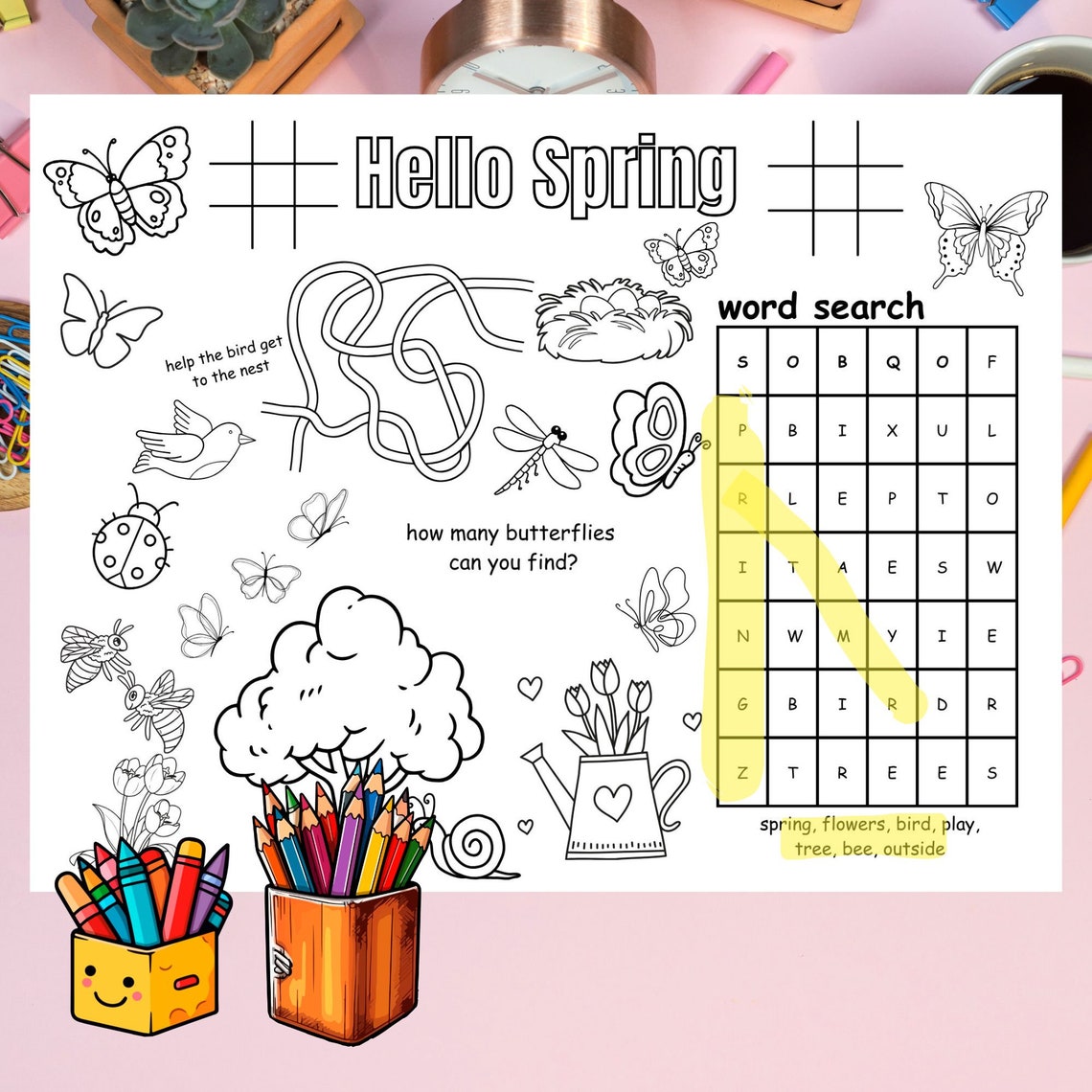 Printable Spring Activity Coloring Placemat, Activity Coloring Placemat ...