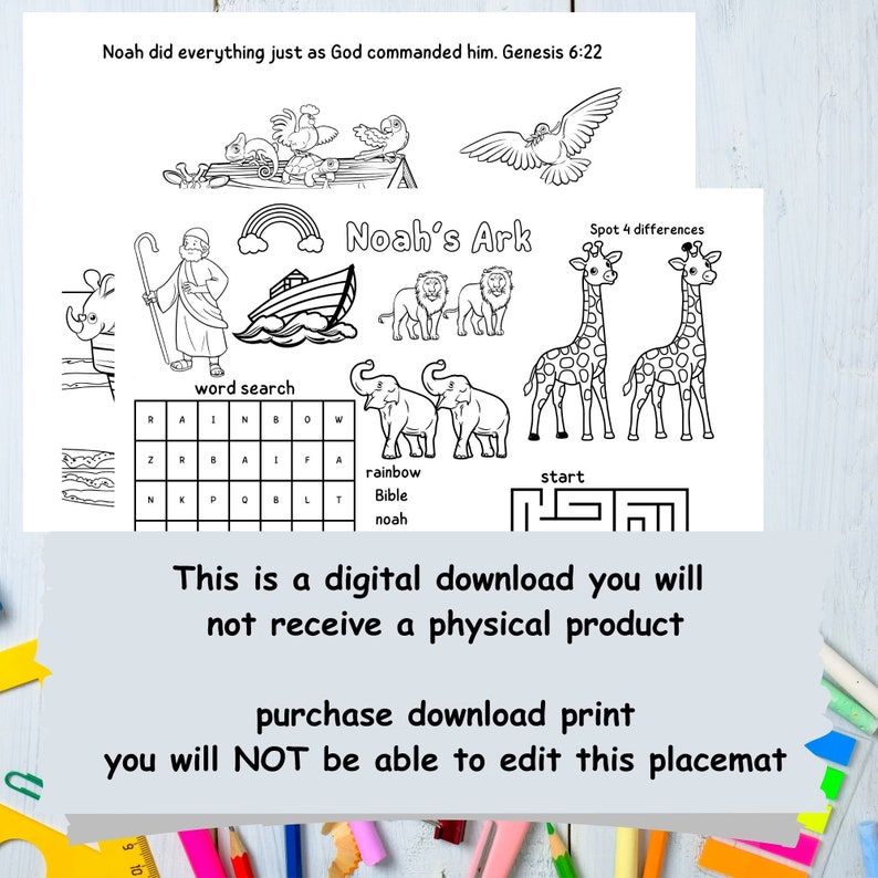 Noah's Ark Activity Coloring Placemats, Bible Verse Coloring Activity ...