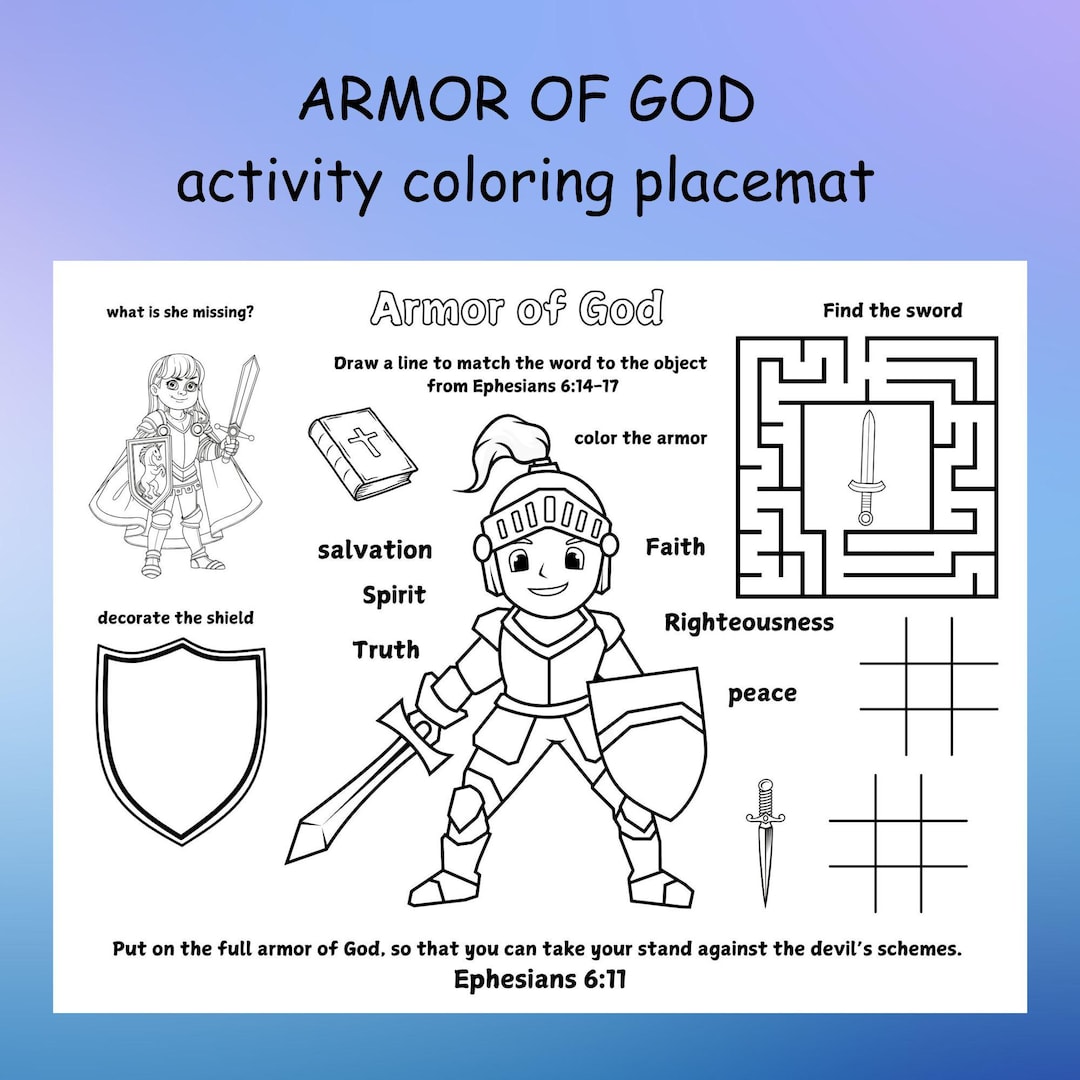 Armor of God Bible Verse Activity Coloring Placmat, Sunday School ...
