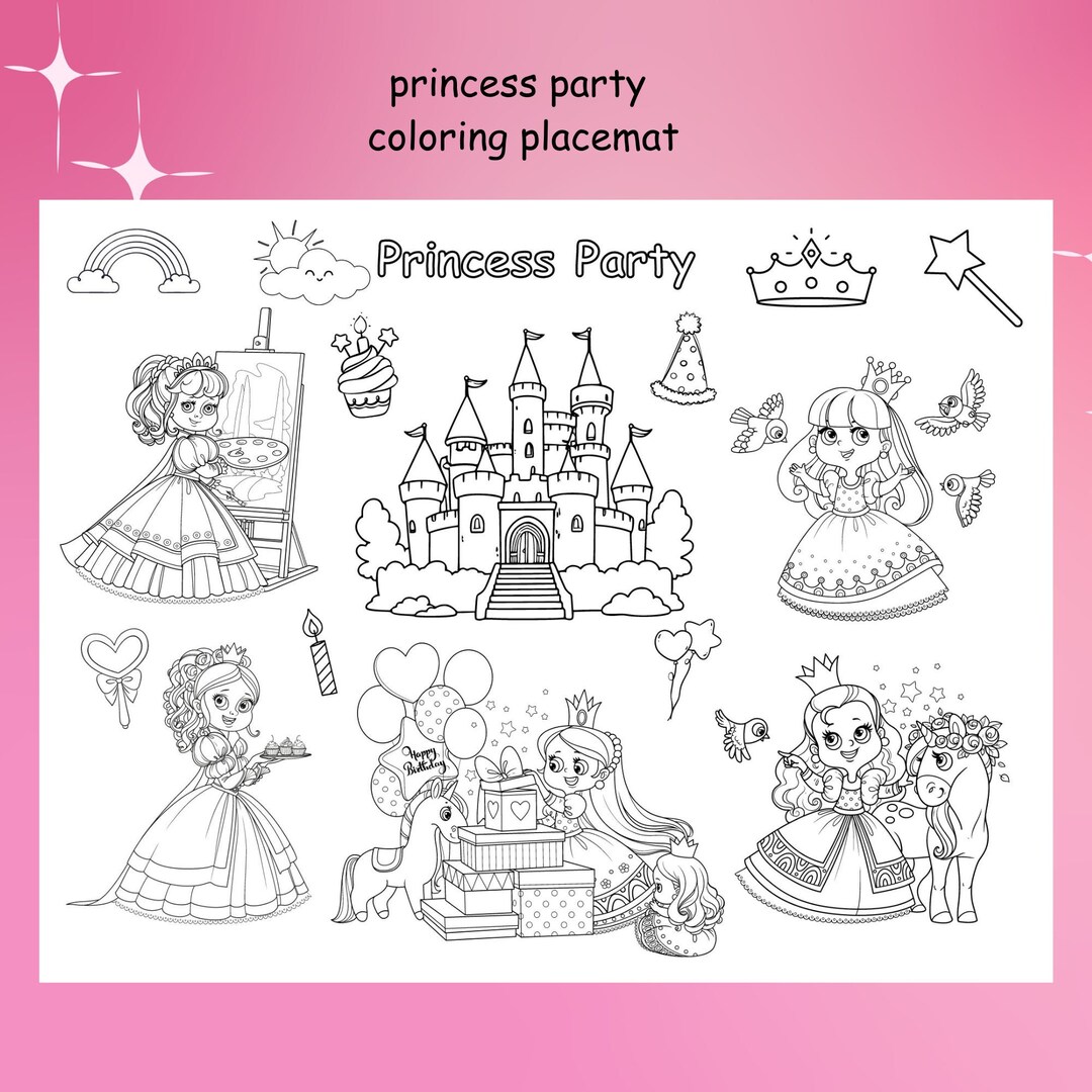 Princess Party Coloring Placemat Printable, Birthday Princess Themed ...