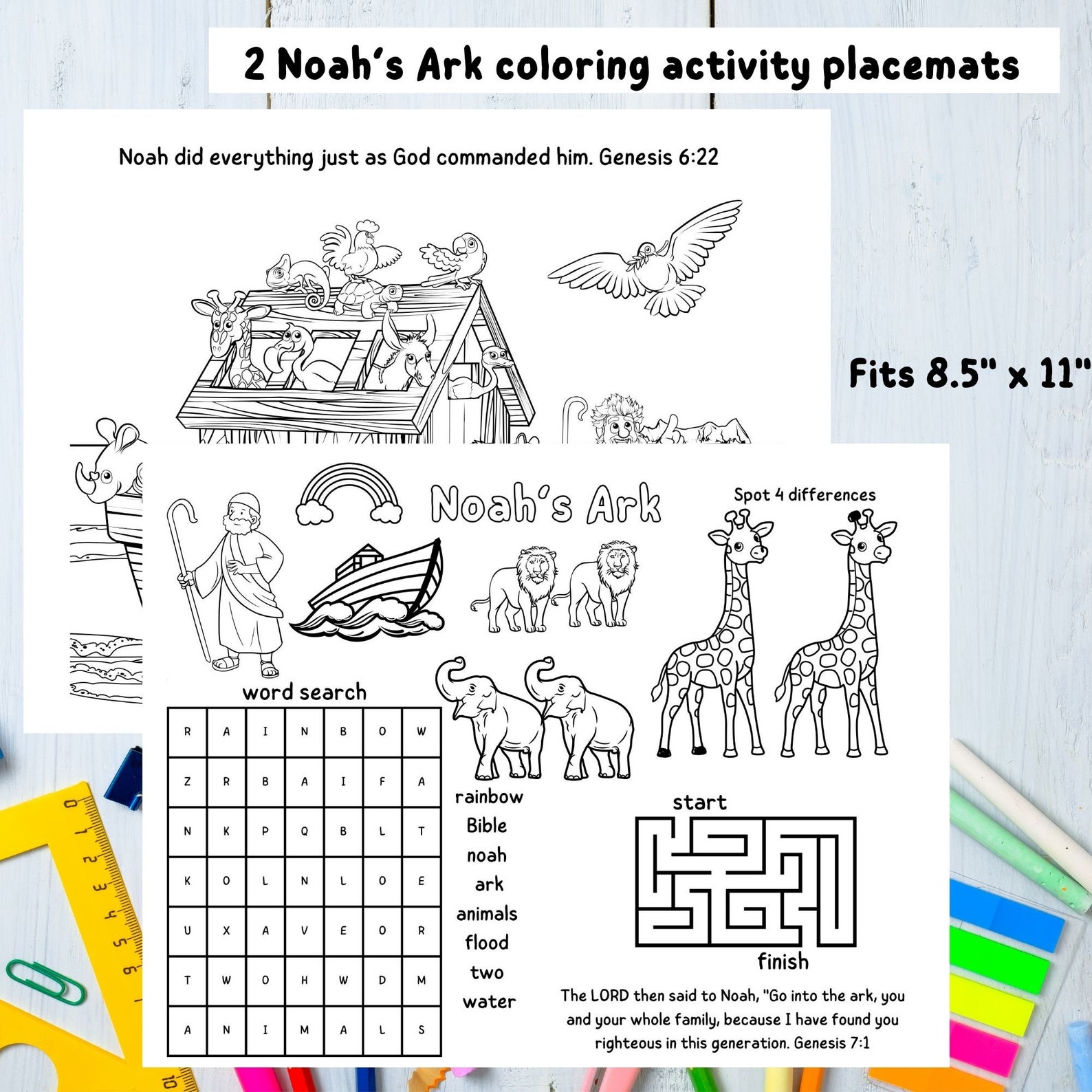 Noah's Ark Activity Coloring Placemats, Bible Verse Coloring Activity ...