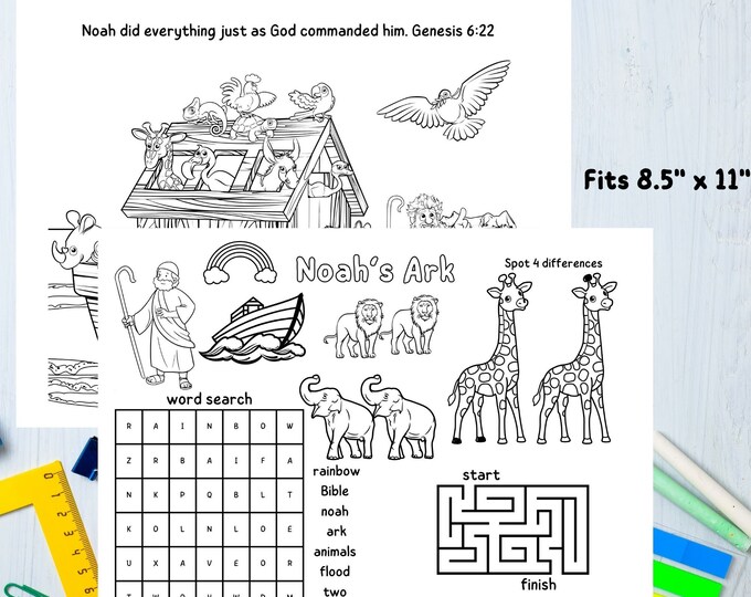 Noah's Ark Activity Coloring Placemats, Bible Verse Coloring Activity ...