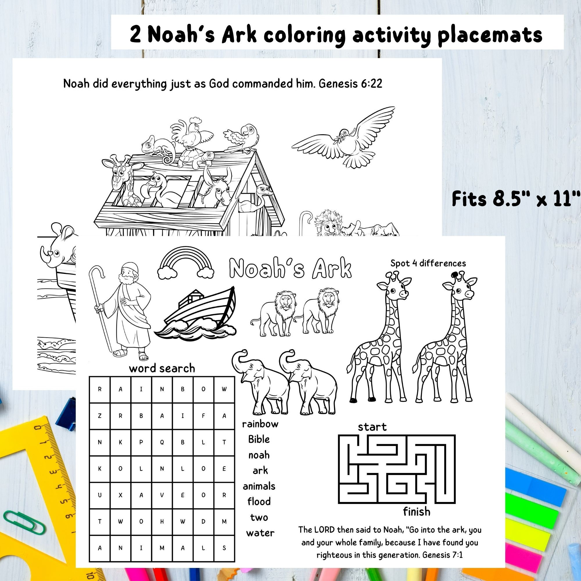 Noah's Ark Activity Coloring Placemats, Bible Verse Coloring Activity ...