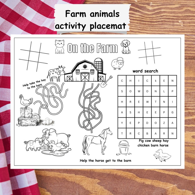 Farm Animal Coloring Placemat Printable, Preschool Animal Activity for ...