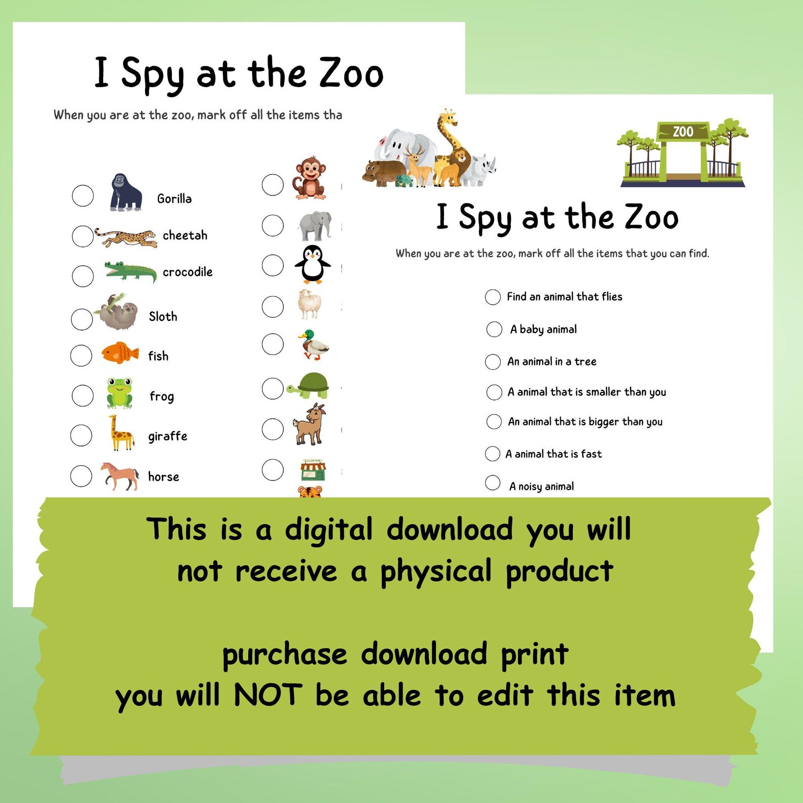 Printable Zoo Ispy Scavenger Hunt, Animal Zoo Activity for Kids, Zoo ...