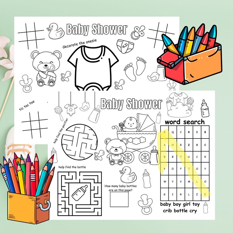 Printable Baby Shower Coloring Activity Placemats for Kids, Baby Shower ...