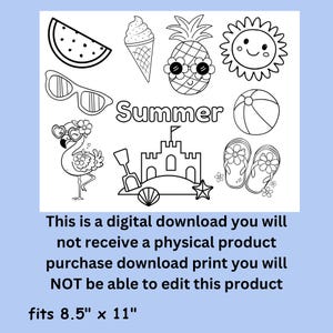 Summer Coloring Placemat, Printable Summer Coloring Page, Summer Themed ...
