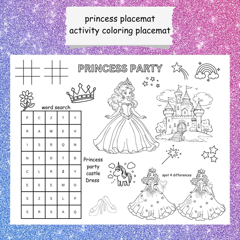 Princess Party Activity Coloring Placemat for Kids Printable, Princess ...