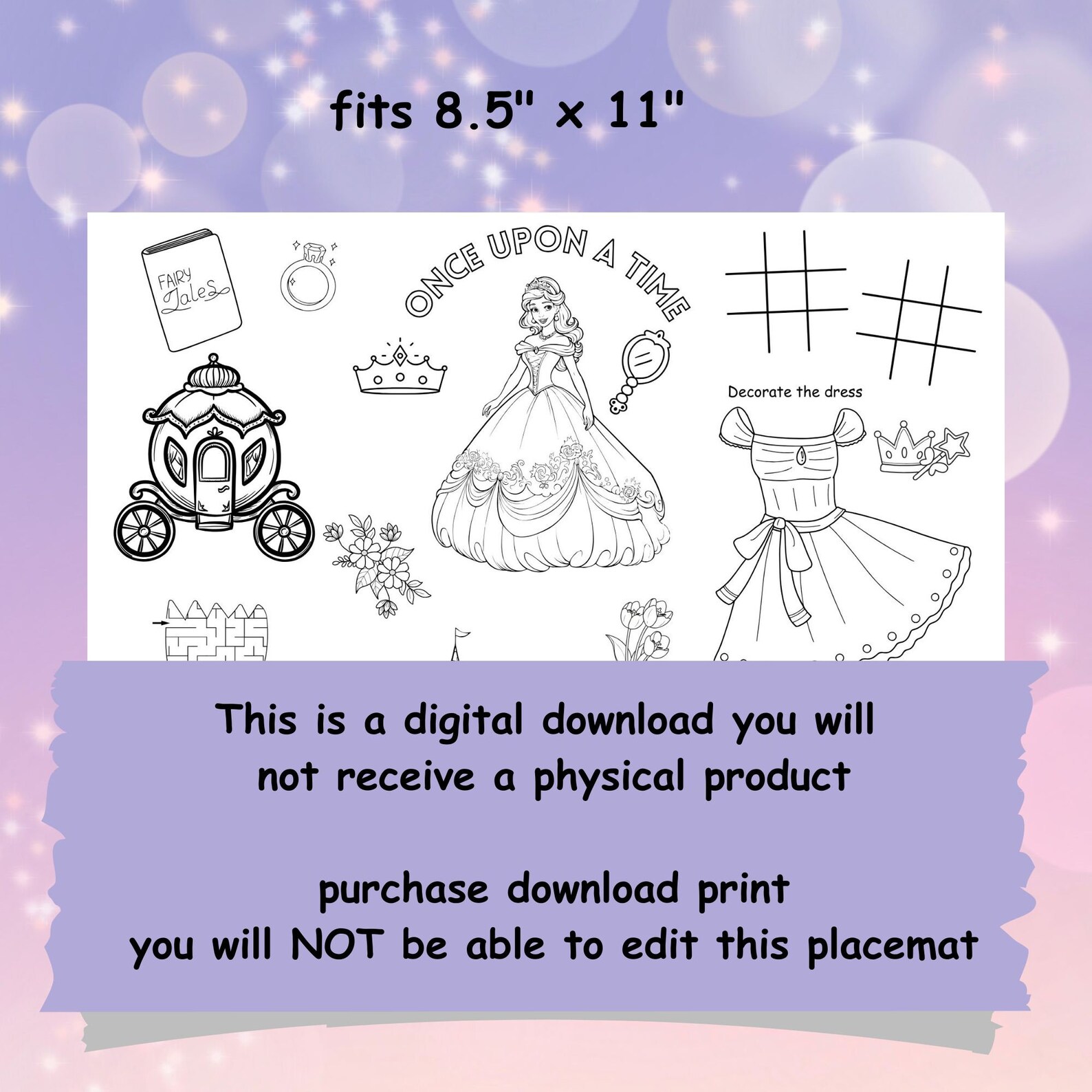 Princess Activity Coloring Placemat, Princess Themed Coloring for Kids ...