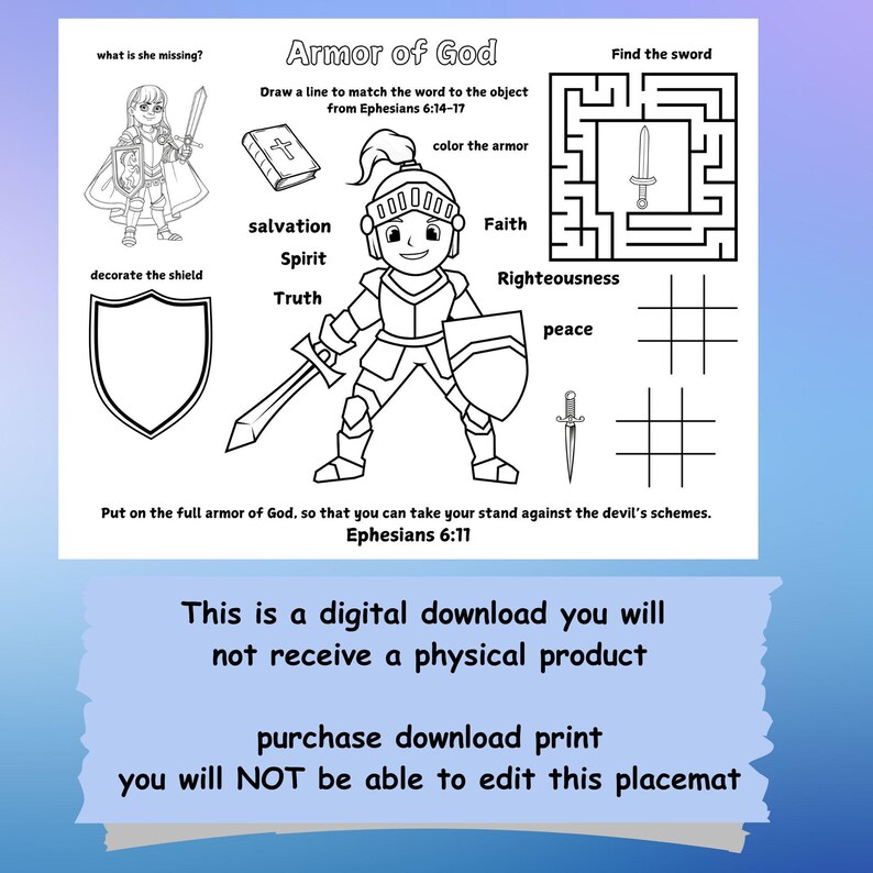 Armor of God Bible Verse Activity Coloring Placmat, Sunday School ...