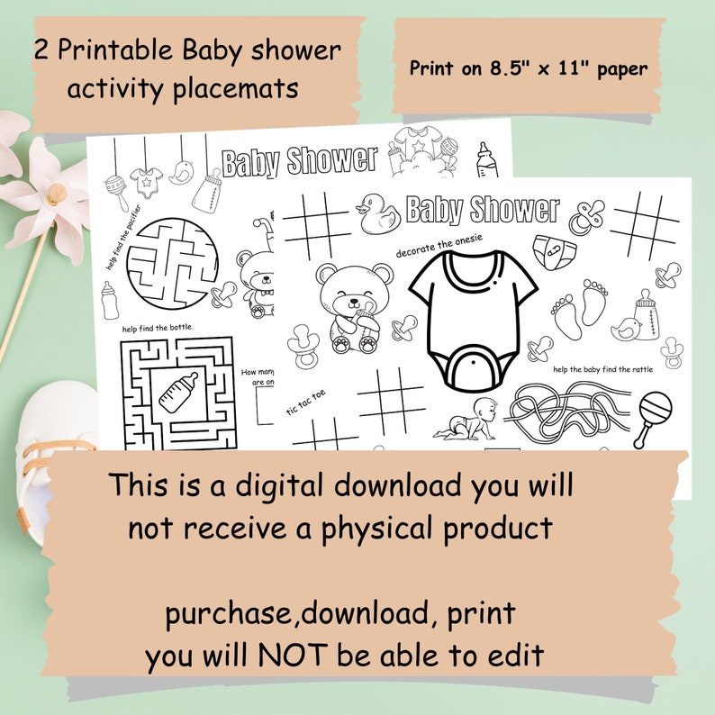 Printable Baby Shower Coloring Activity Placemats for Kids, Baby Shower ...