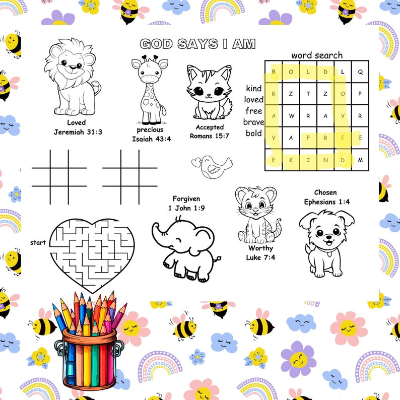 God Says I Am Activity Coloring Placemat Printable, Animal Themed ...