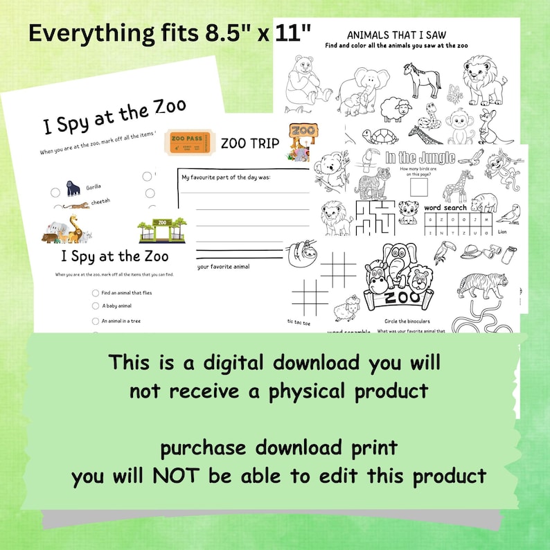 Zoo Activity Bundle: Scavenger Hunt, Coloring Placemats (PDF) - Etsy