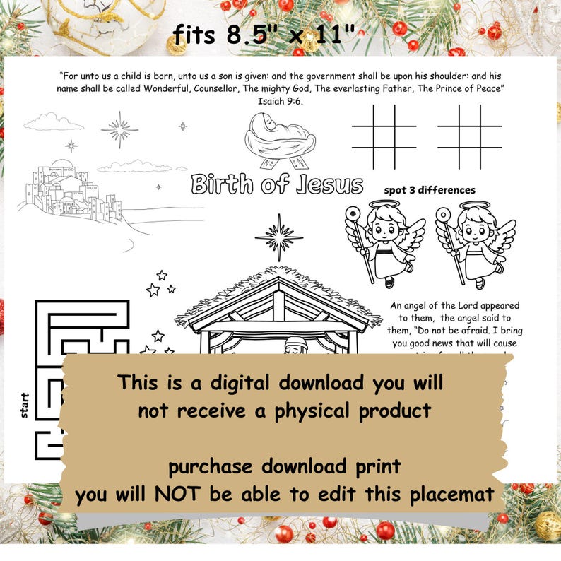 Christmas Nativity Coloring Activity Placemat Printable, Christian ...