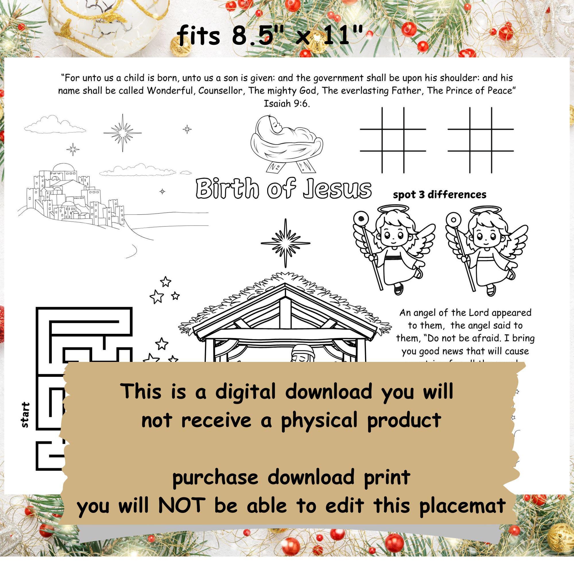 Christmas Nativity Coloring Activity Placemat Printable, Christian ...