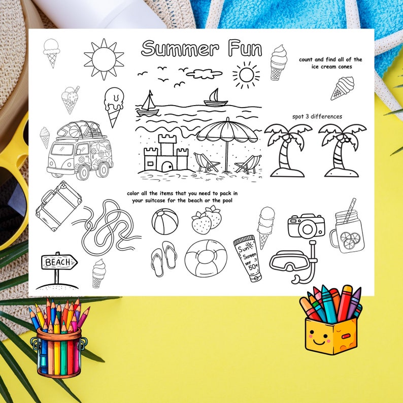 Summer Activity Placemat, Printable Summer Activity Coloring Placemats ...