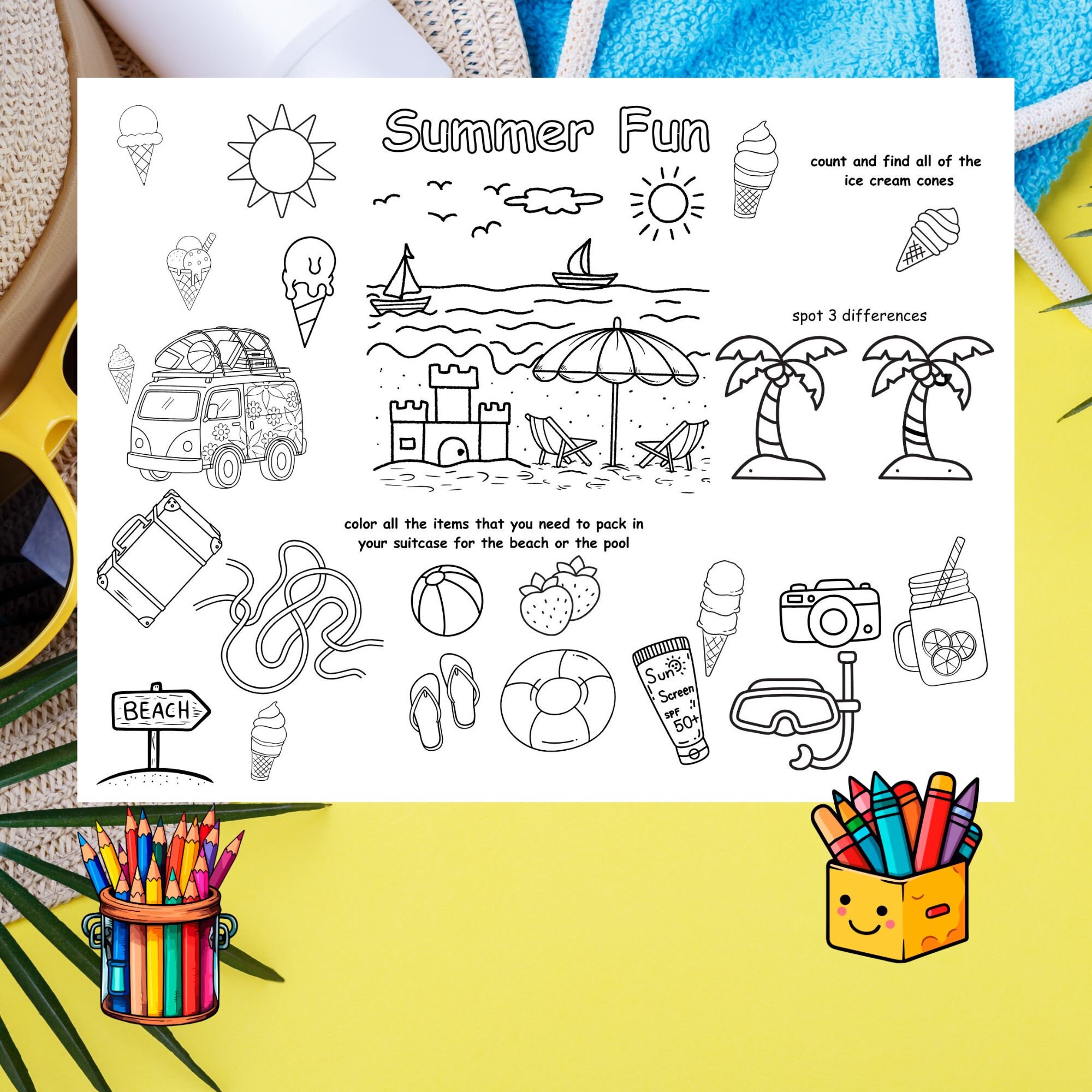 Summer Activity Placemat, Printable Summer Activity Coloring Placemats ...