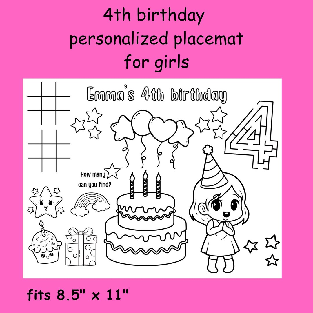Personalized 4th Birthday Coloring Placemat for Girls, Printable ...