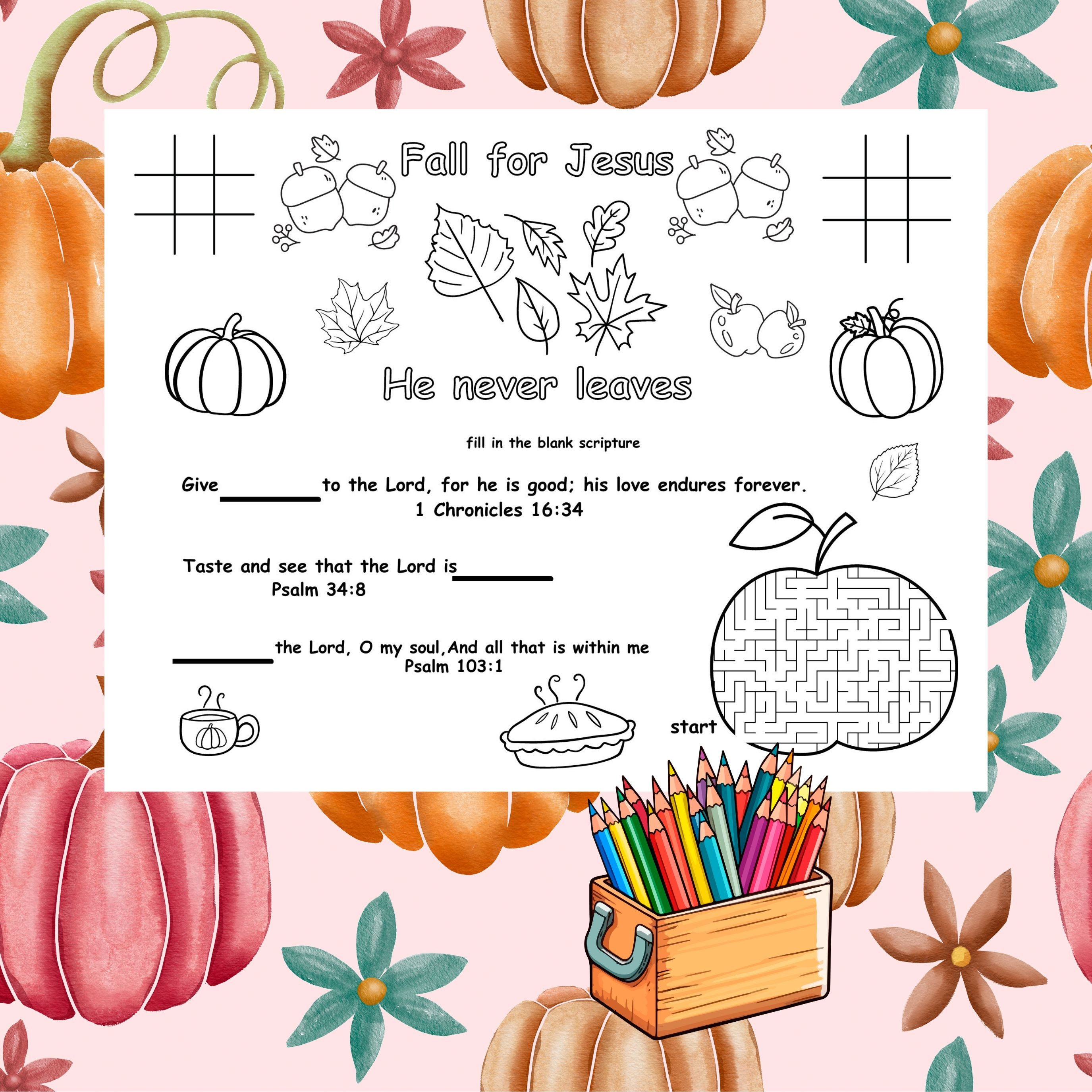 Fall for Jesus Coloring Activity Placemat, Christian Bible Verse ...