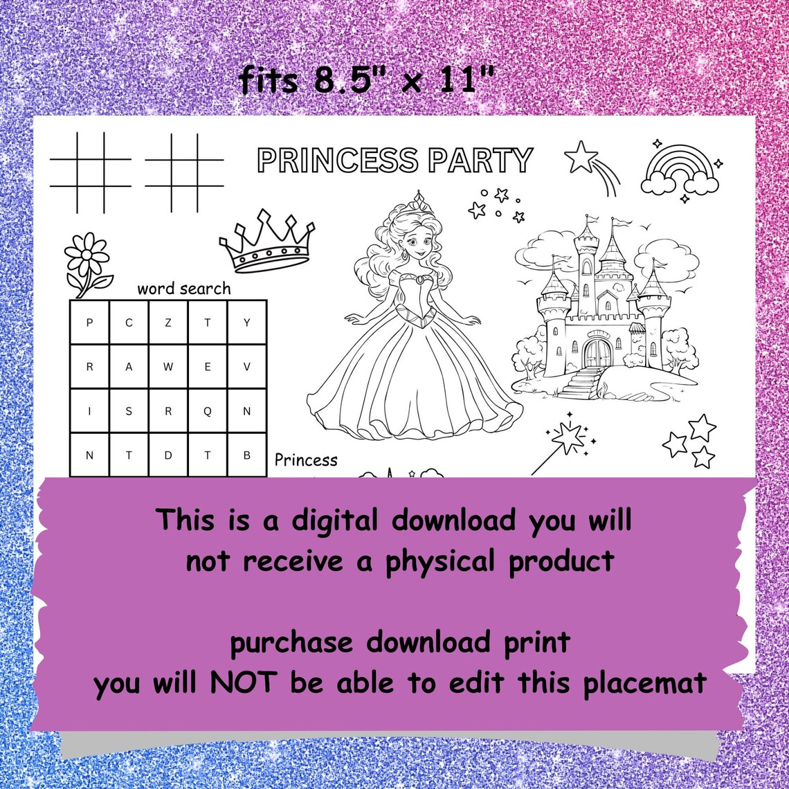 Princess Party Activity Coloring Placemat for Kids Printable, Princess ...