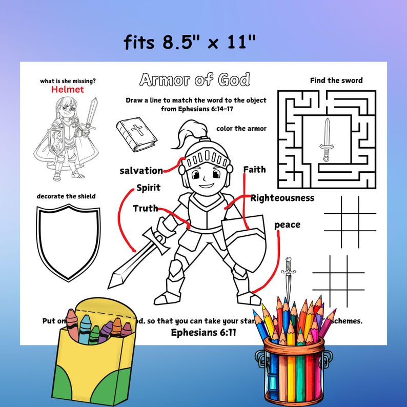 Armor of God Bible Verse Activity Coloring Placmat, Sunday School ...