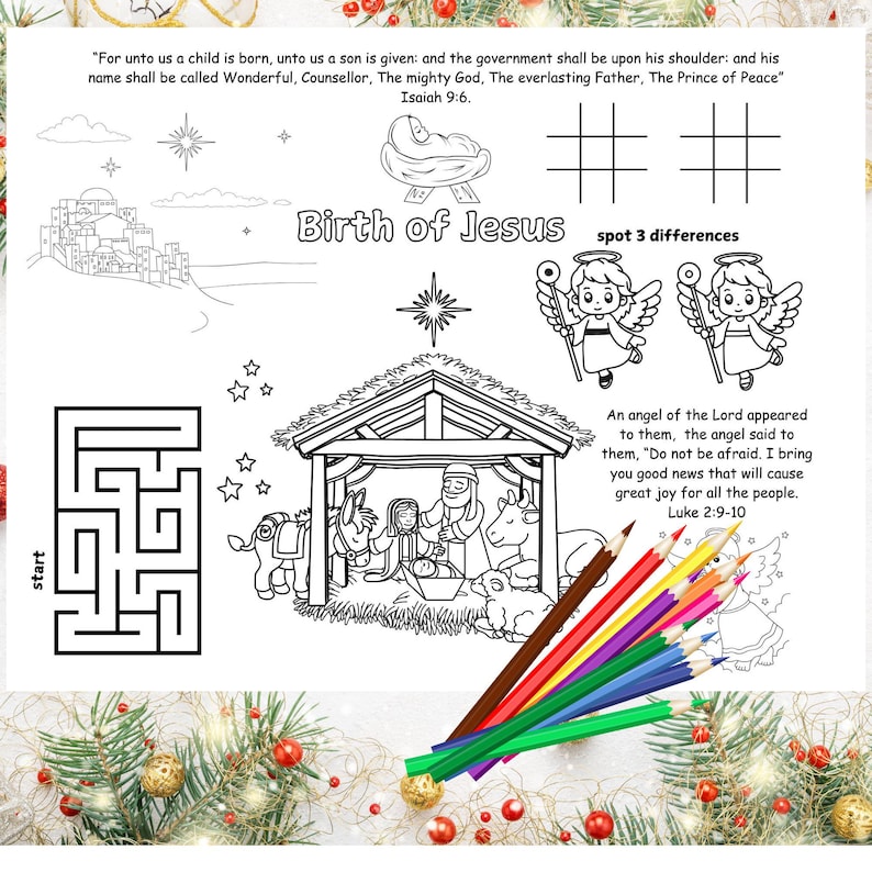 Christmas Nativity Coloring Activity Placemat Printable, Christian ...