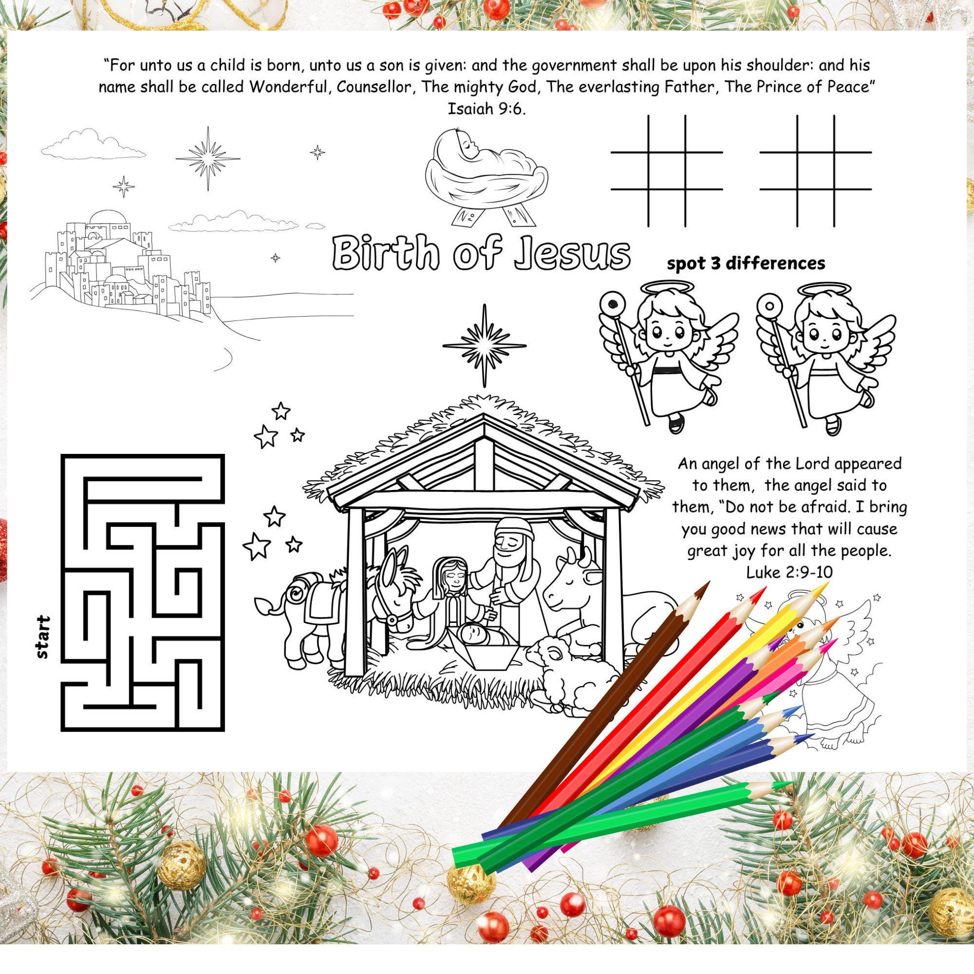 Christmas Nativity Coloring Activity Placemat Printable, Christian ...