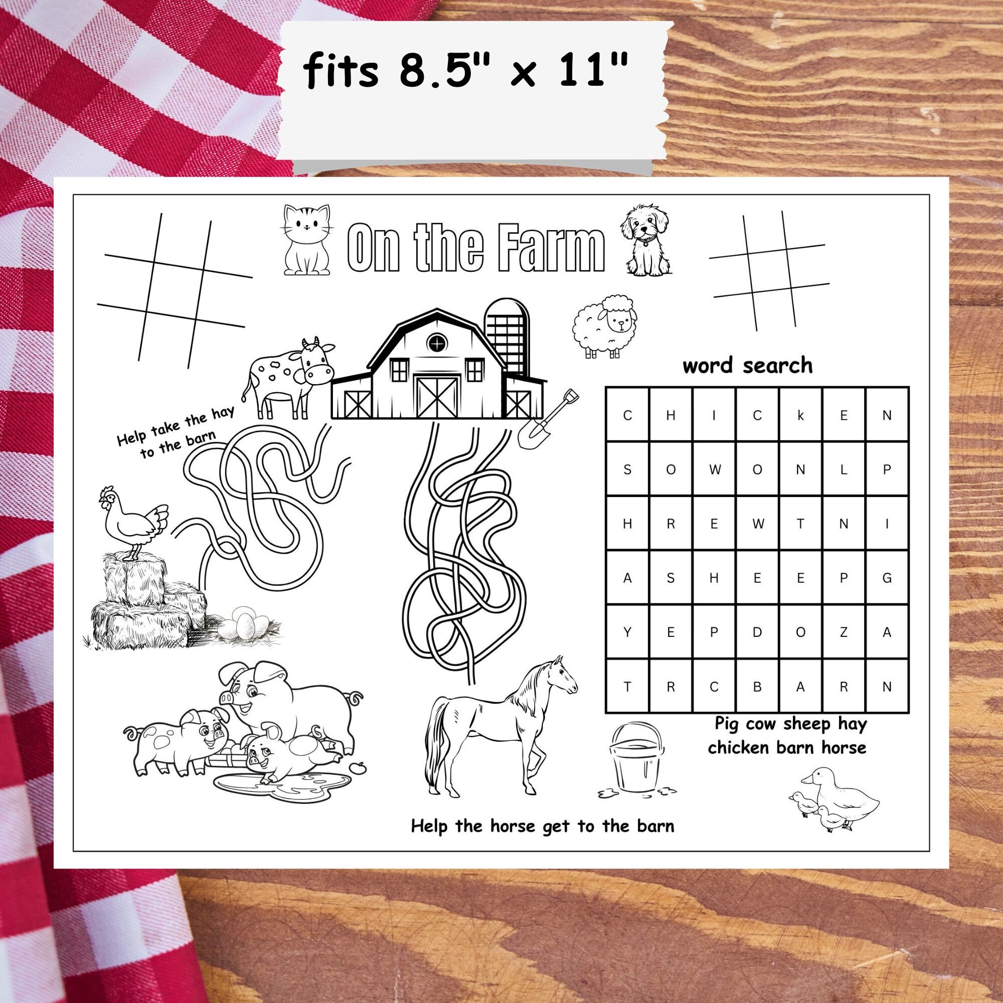 Farm Animal Coloring Placemat Printable, Preschool Animal Activity for ...
