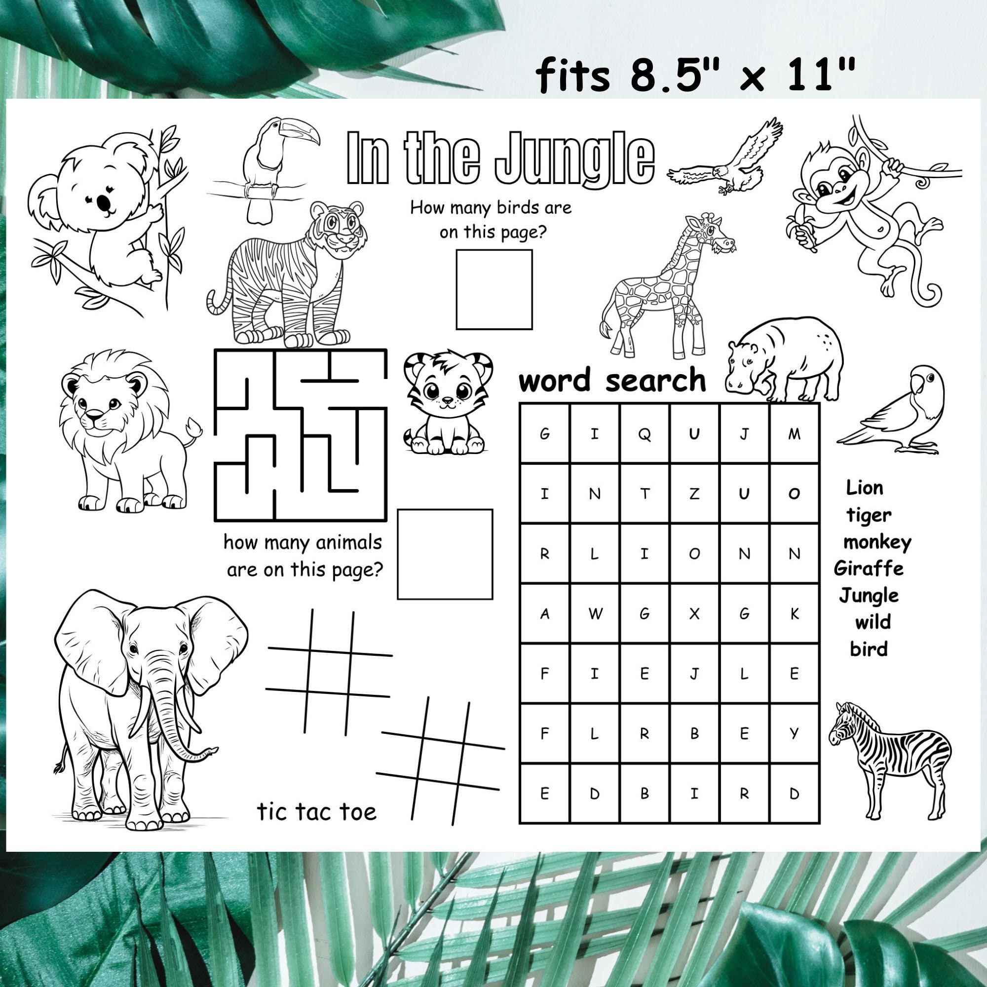 Jungle Animals Activity Coloring Placemat for Kids, Printable Coloring ...