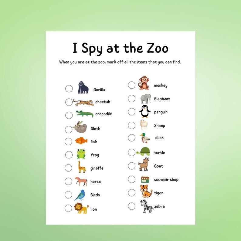 Zoo Animal I Spy Scavenger Hunt Activity (PDF US Letter) - Etsy