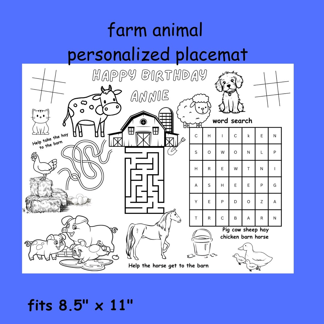 Personalized Farm Animals Birthday Activity Coloring Placemat ...