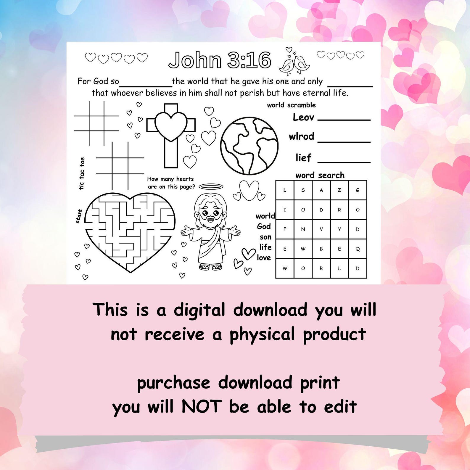 John 3:16 Bible Activity for Kids, Sunday School Bible Coloring ...