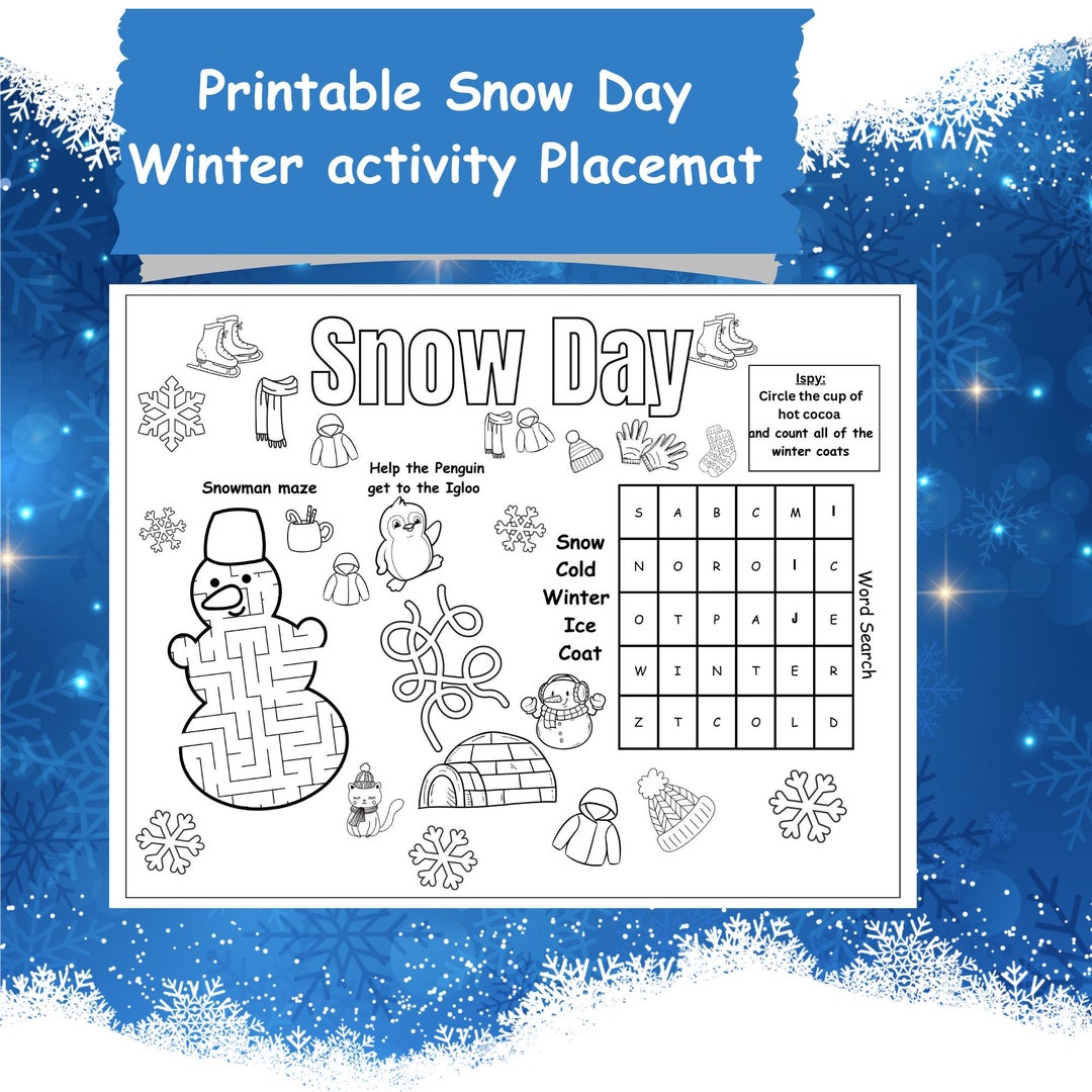 Winter Activity Placemat, Snow Day Coloring, Preschool Printable ...