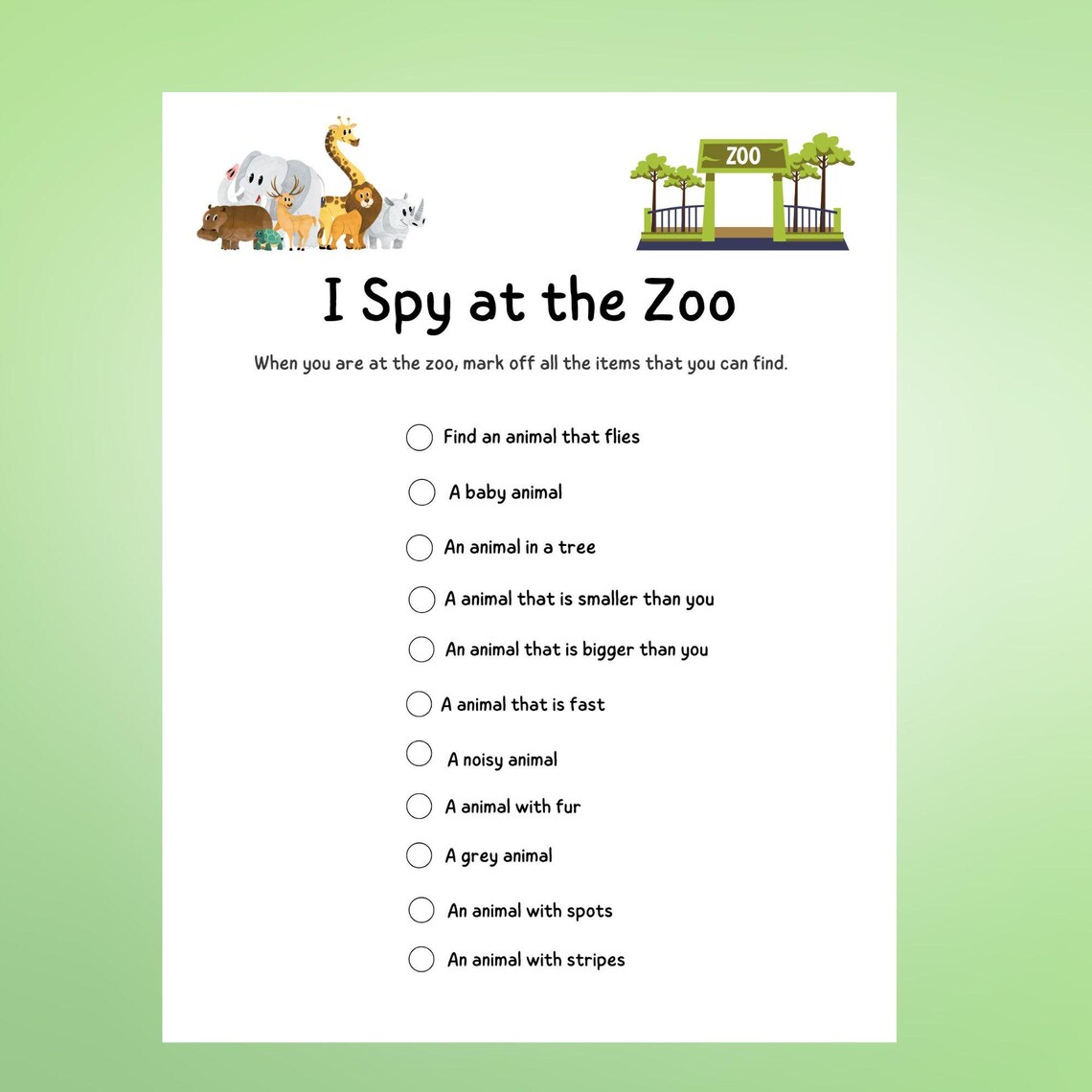 Printable Zoo Ispy Scavenger Hunt, Animal Zoo Activity for Kids, Zoo ...