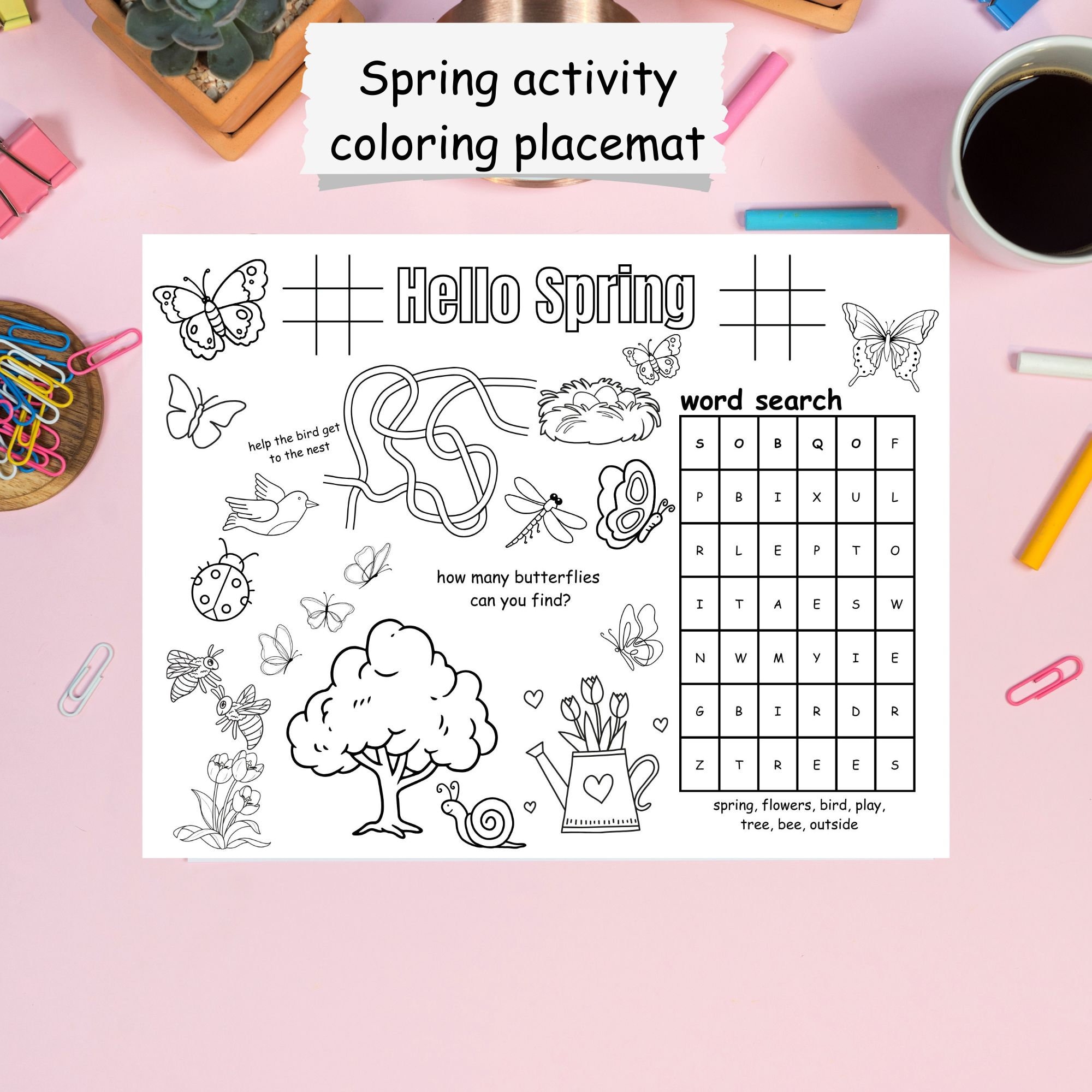 Printable Spring Activity Coloring Placemat, Activity Coloring Placemat ...