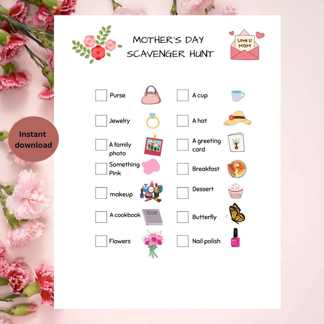 Printable Mothers Day Scavenger Hunt, Treasure Hunt for Kids, Mothers ...