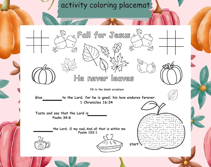 Fall for Jesus Coloring Activity Placemat, Christian Bible Verse ...