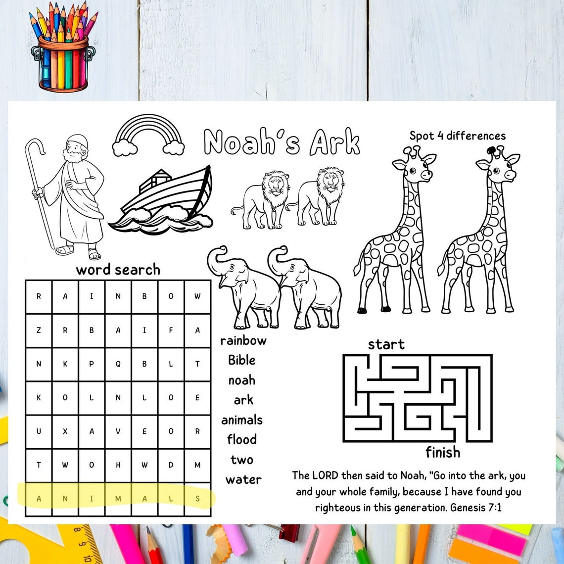 Noah's Ark Activity Coloring Placemats, Bible Verse Coloring Activity ...